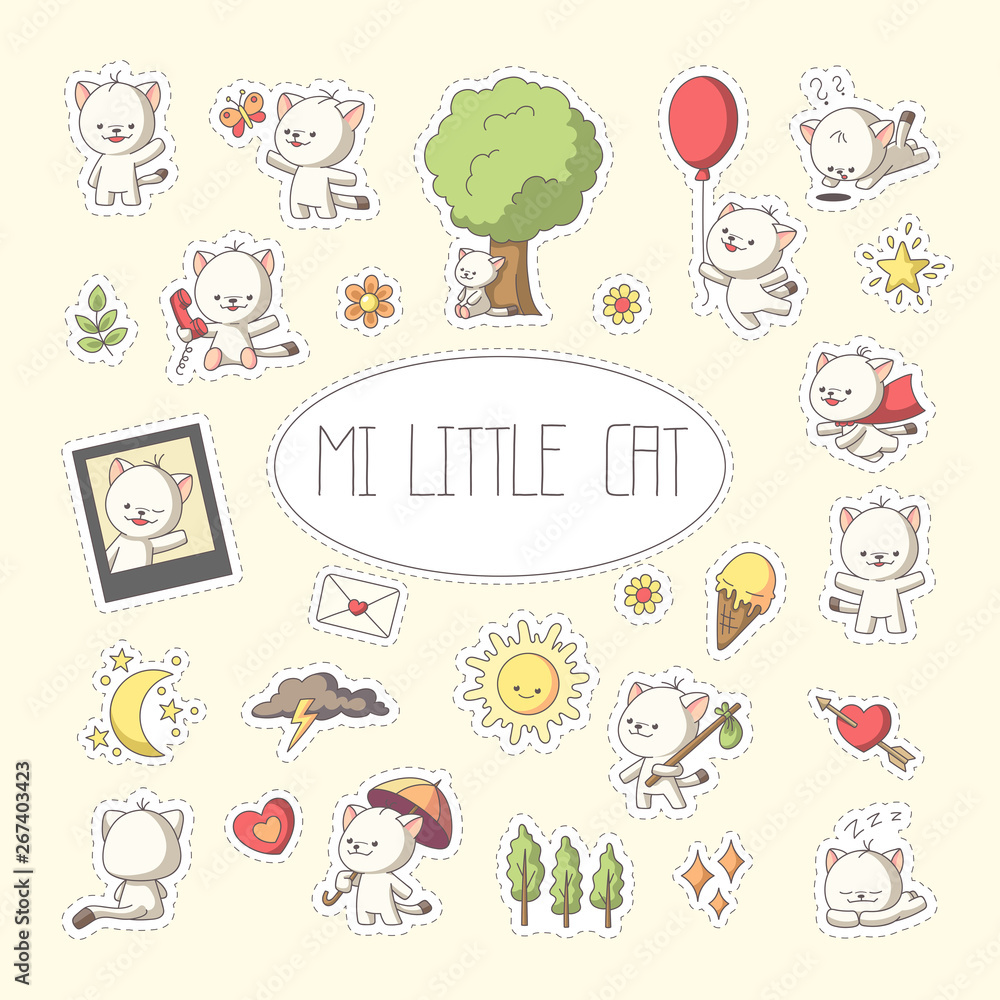 Cat sticker with ice, hearts, sun, moon, clouds and moore. Set of cute ...