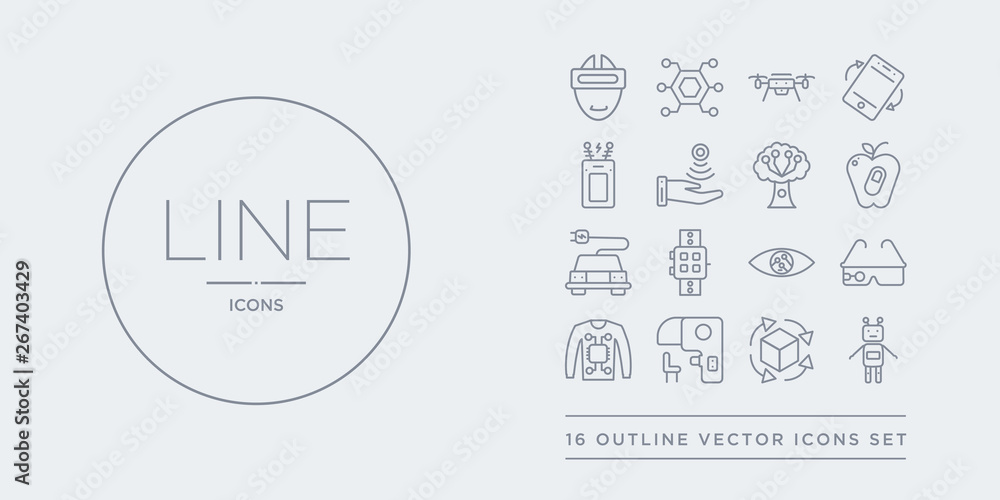 16 line vector icons set such as robots and humans, rotation, sensorama ...