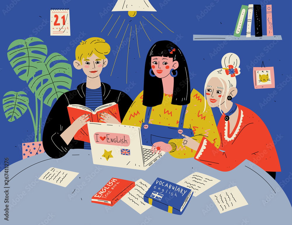 Learn English. Students studying with books. Group of people in ...