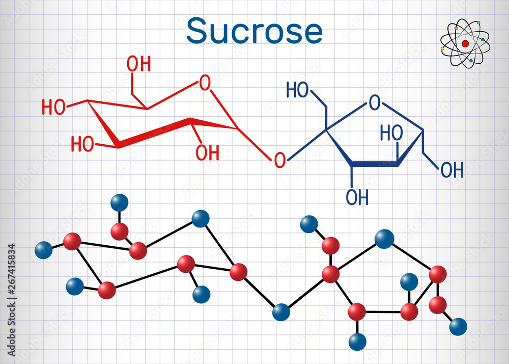 Sucrose sugar molecule. Structural chemical formula and molecule model ...