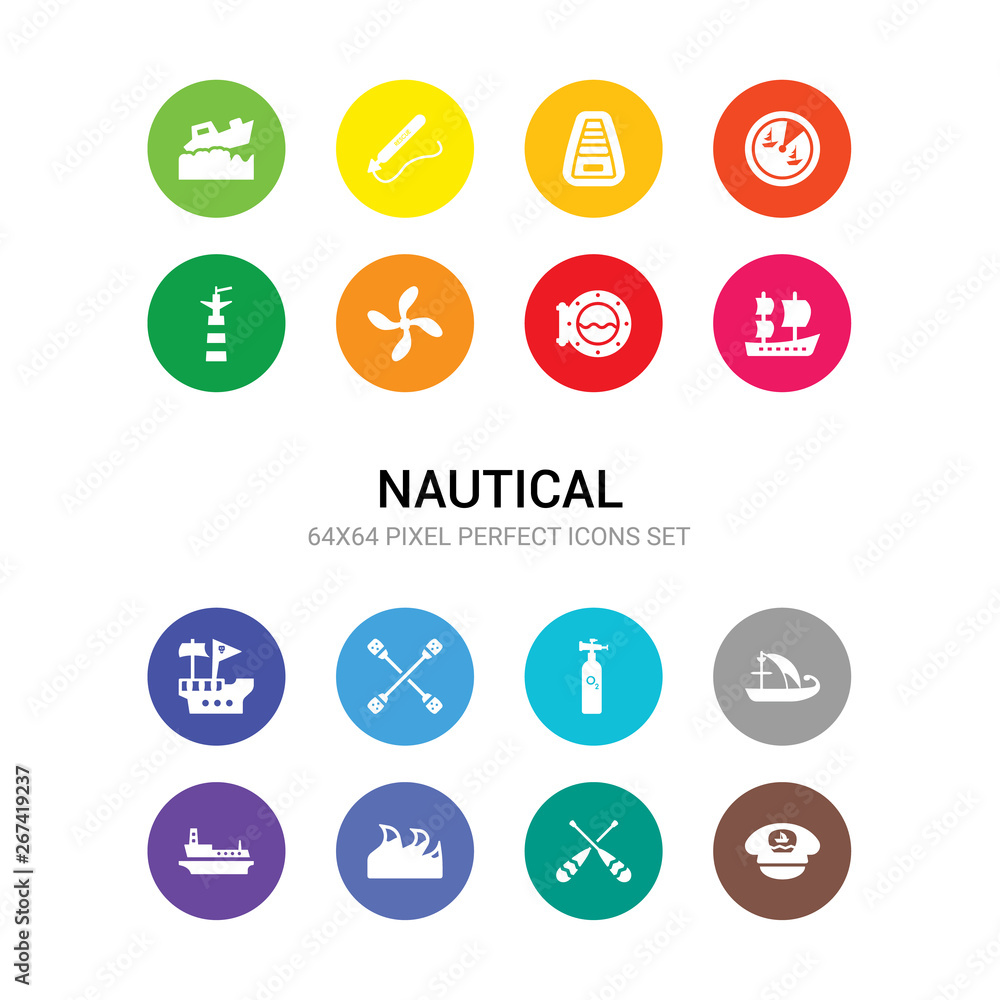 16 nautical vector icons set included navy hat, oars, ocean waves, oil ...