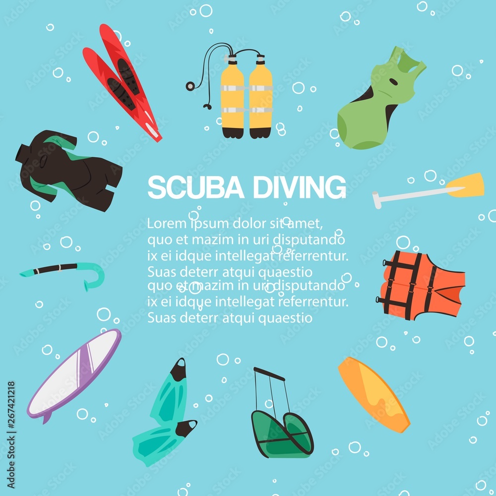 Scuba diving center poster, banner vector illustration. Diver wetsuit ...