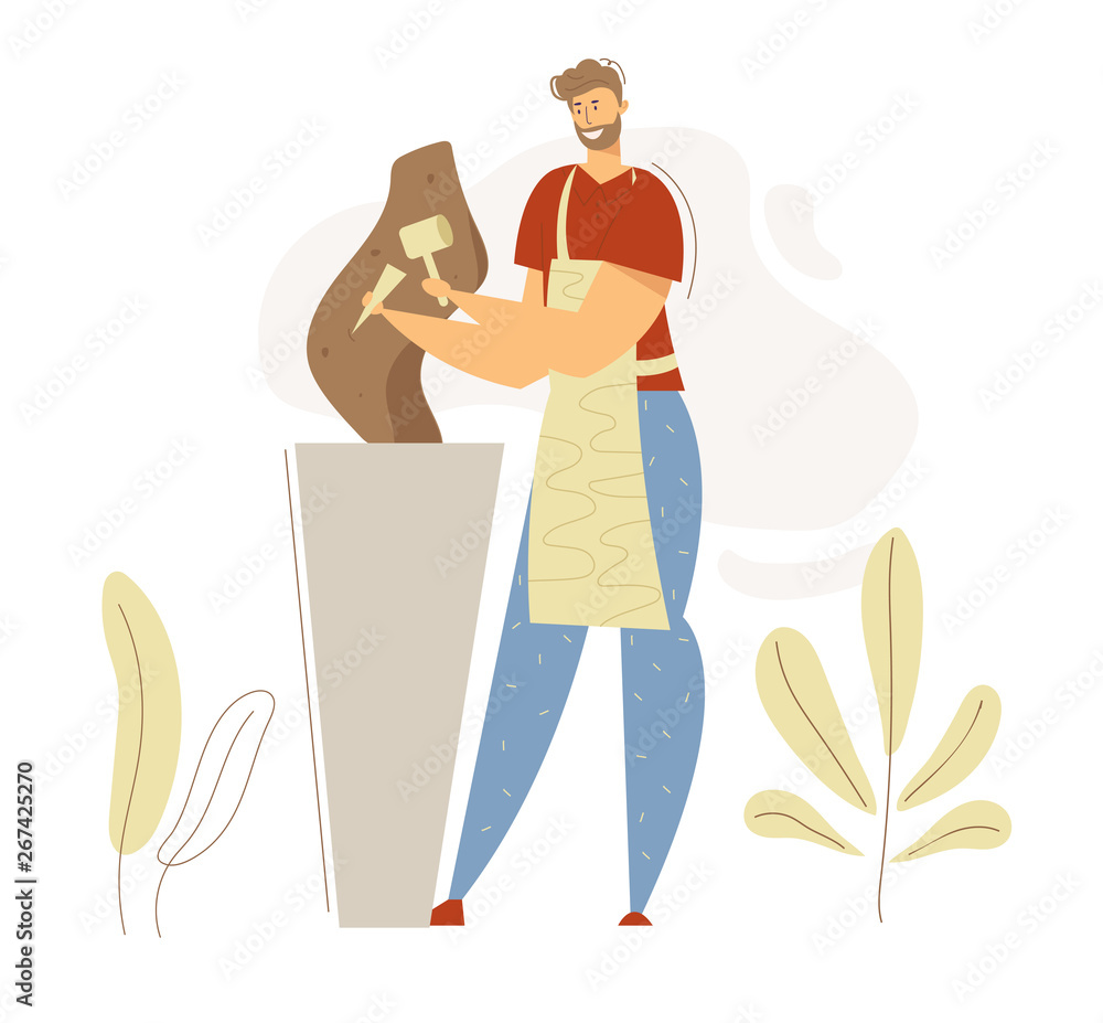 Smiling Man Sculptor Working in Studio. Carver Profession Concept with ...