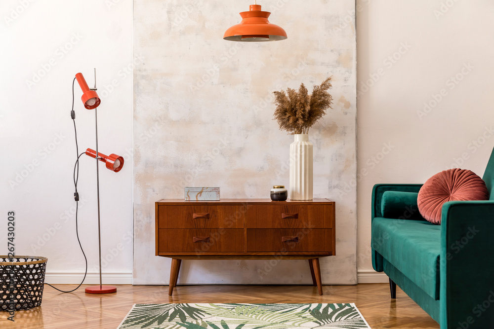 Stylish compositon of retro home interior with vintage cupboard, velvet ...