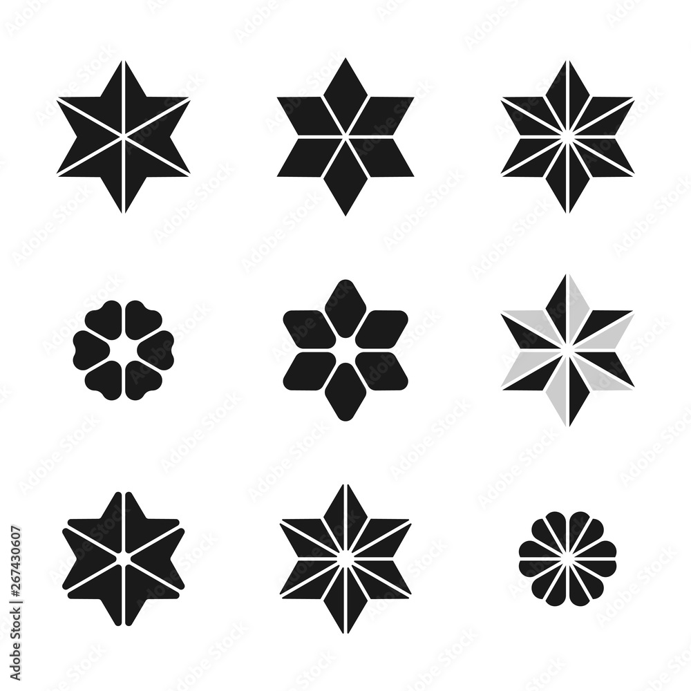 Set of six-pointed stars,patterns and logos. Black and white vector ...