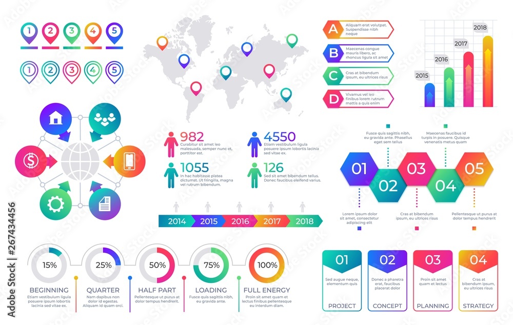 Infographic chart. Timeline graph elements with flow diagrams and ...