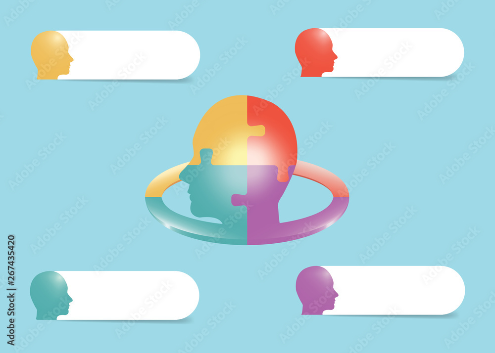 Infographic of puzzle head divided into four sections in the center of ...