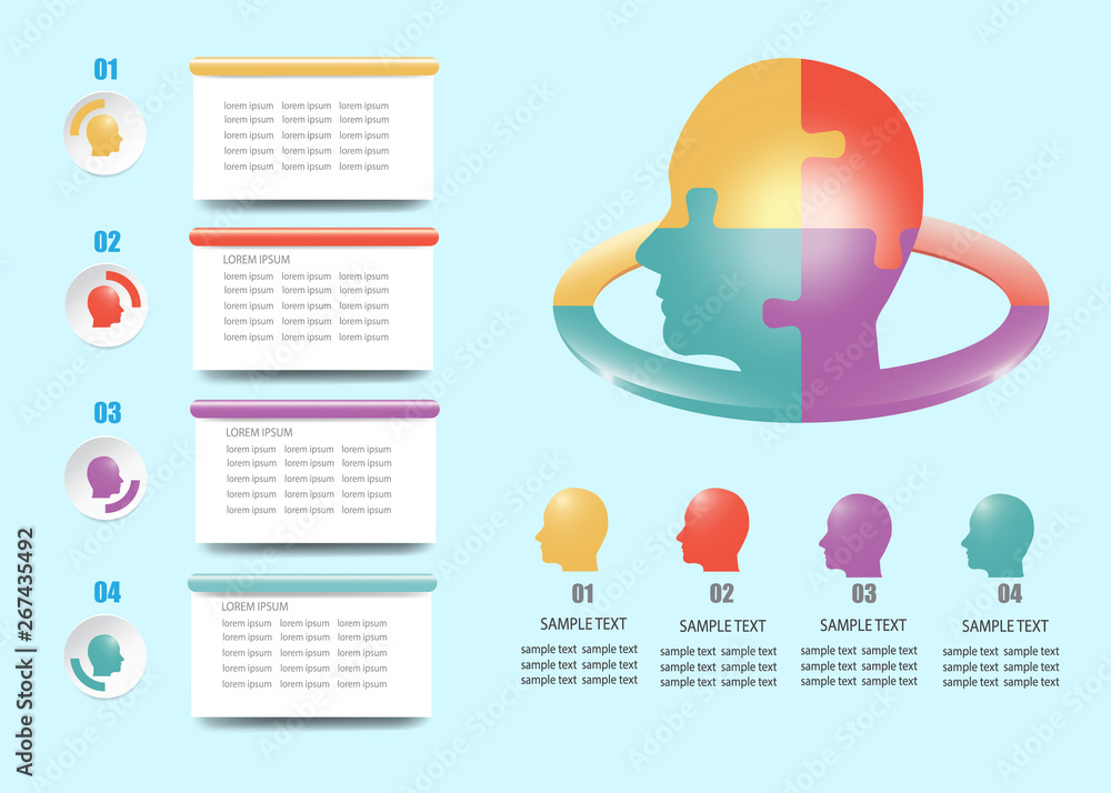 Modern infographic of puzzle head with four color numbered heads ready ...