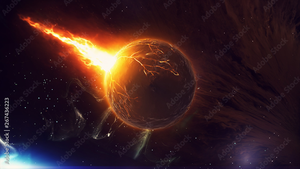 3D rendered realistic burning planet set on fire . end of the world ...