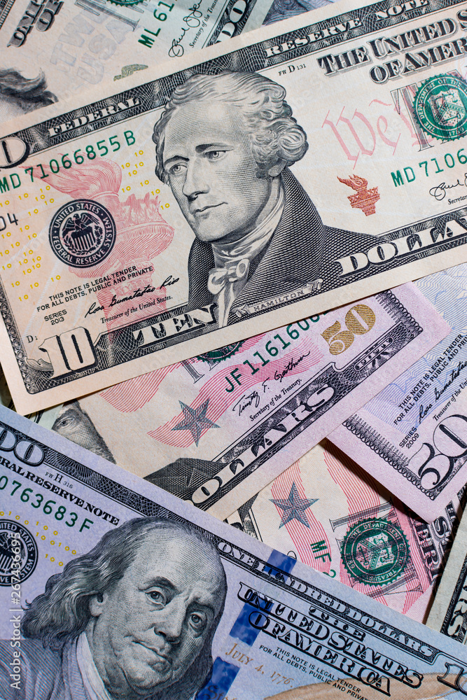 Background for business. A pile of banknotes of american dollars of ...