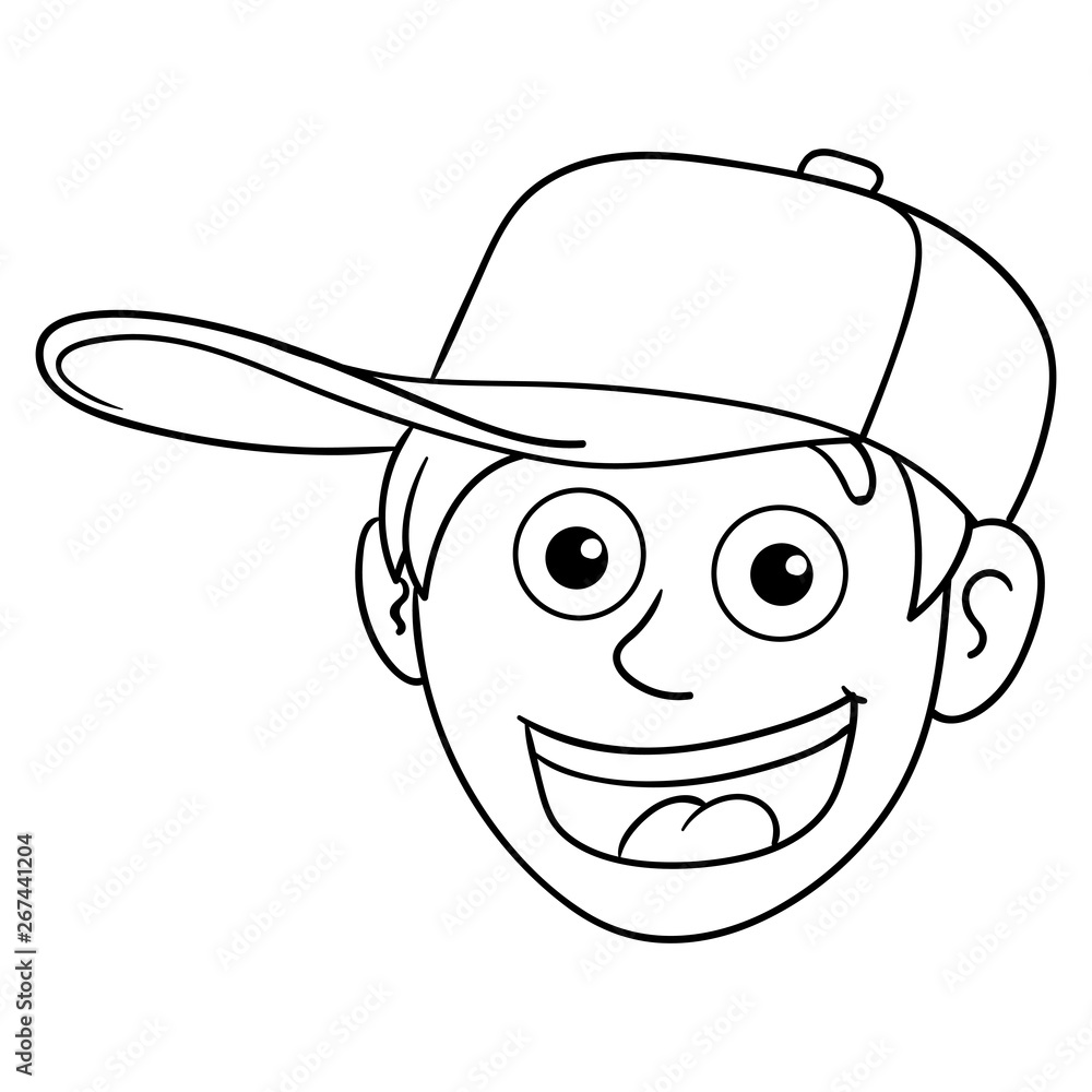 vector comic drawing of a boy with cap who laughs and is happy. black ...