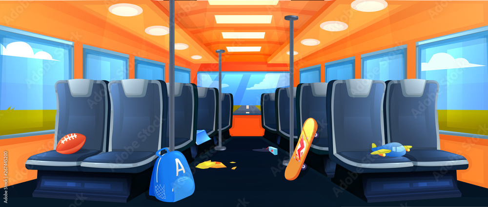 School Bus interior. Seats in transport when traveling at day. Road to ...