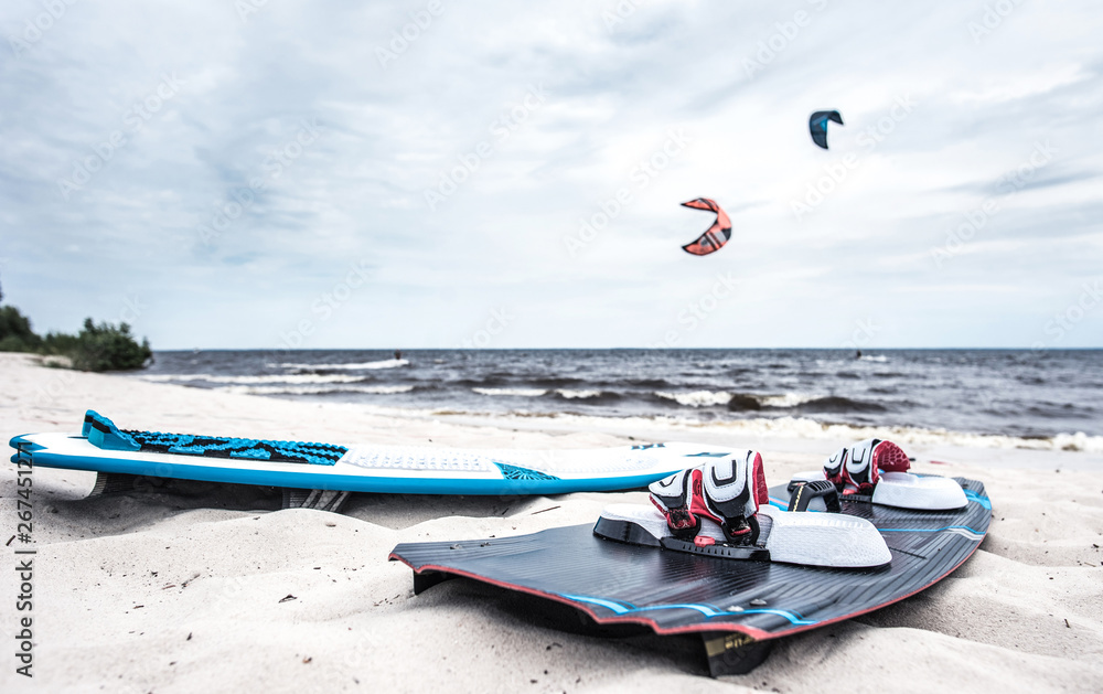 kite boards on the beach. Beautiful kite boards on the sand ...