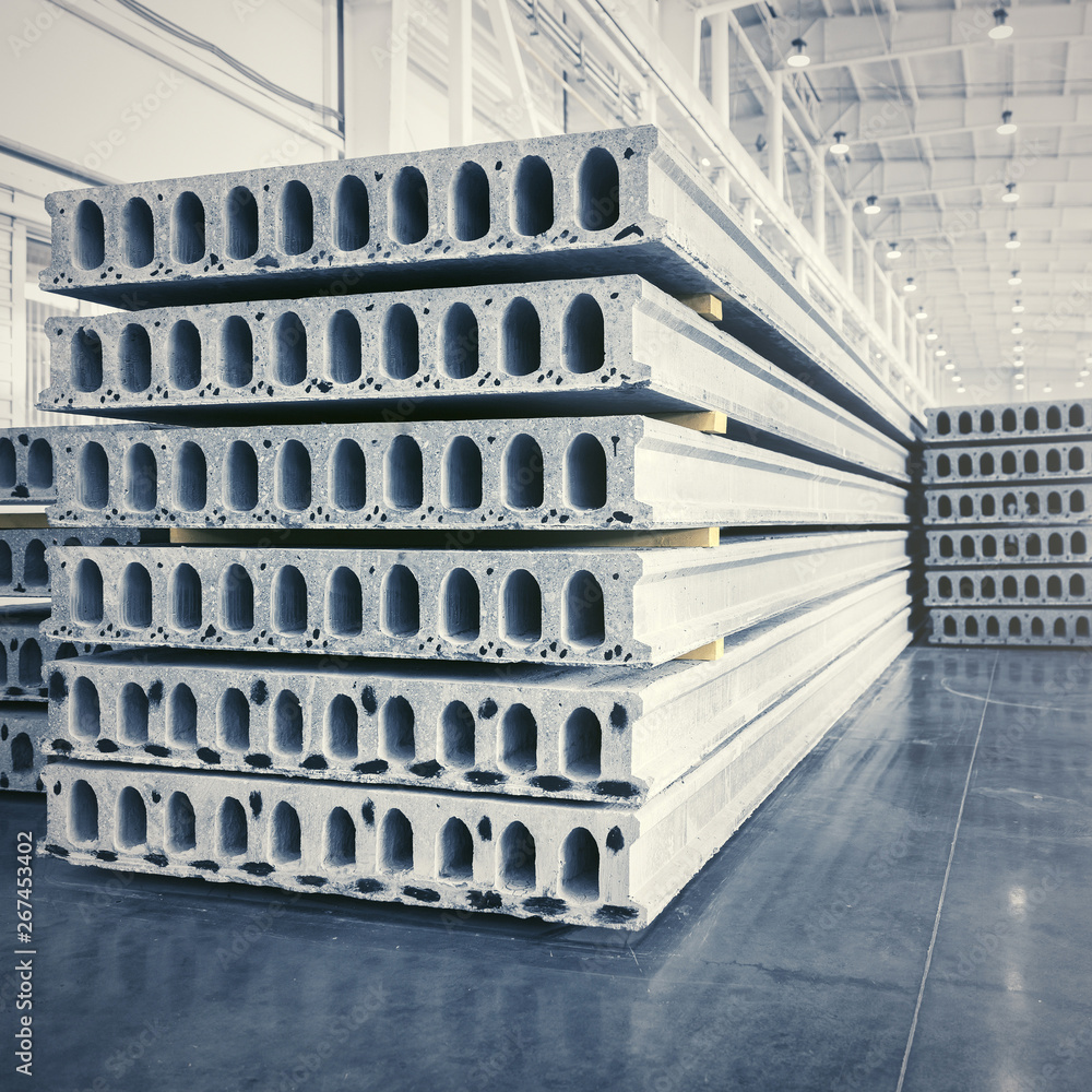 Stack of precast reinforced concrete slabs in factory workshop Stock ...