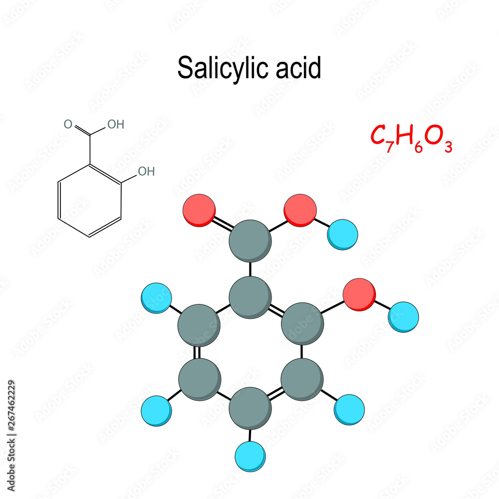 Salicylic acid. Chemical structural formula and model of hormone ...