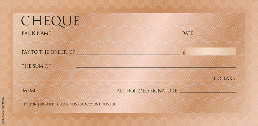 Luxury pink gold cheque template with vintage guilloche. Bronze Check ...