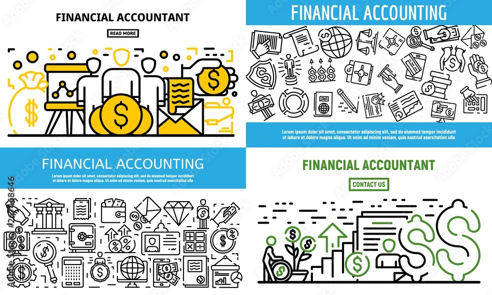 Accountant financial banner set. Outline set of accountant financial ...