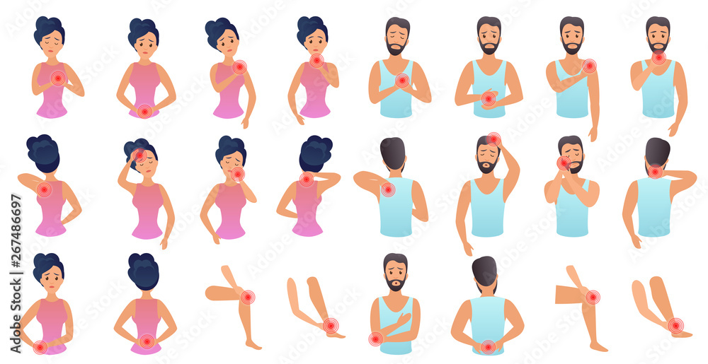 Body parts pain infographic set. Man and woman feels pain in different ...