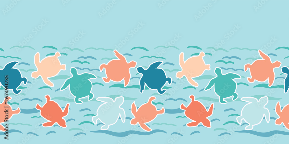 Top View Of Swimming Sea Turtles Border Pattern Seamless Vector Sealife Ribbon Trim Hand Drawn