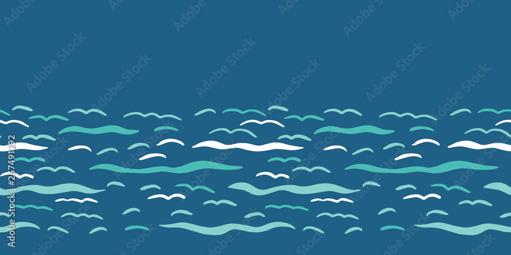 Turquoise blue ocean waves seamless vector border pattern. Hand drawn ...