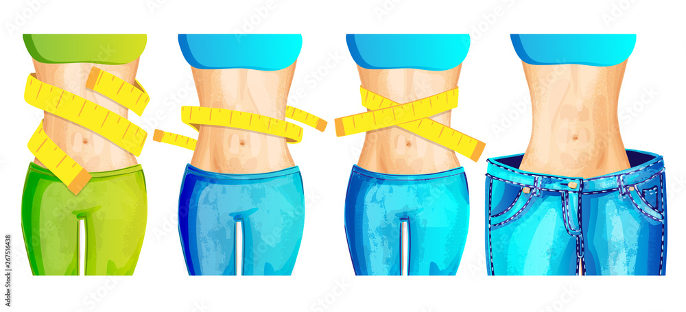 Women slim waist with measure tape around and in big jeans - weight ...