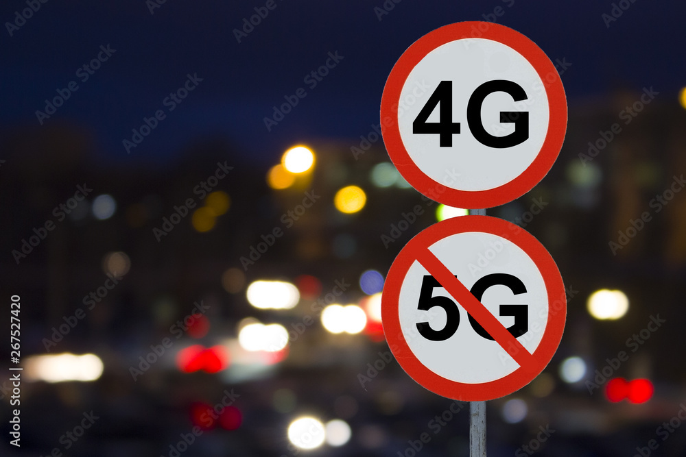 the Sign 4G no 5G and the night road with cars Stock Photo | Adobe Stock