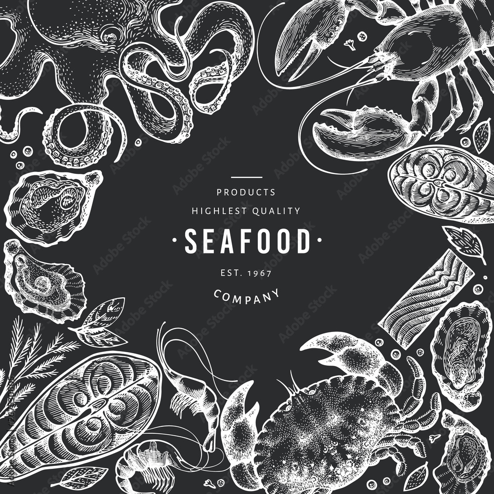 Seafood and fish design template. Hand drawn vector illustration on ...