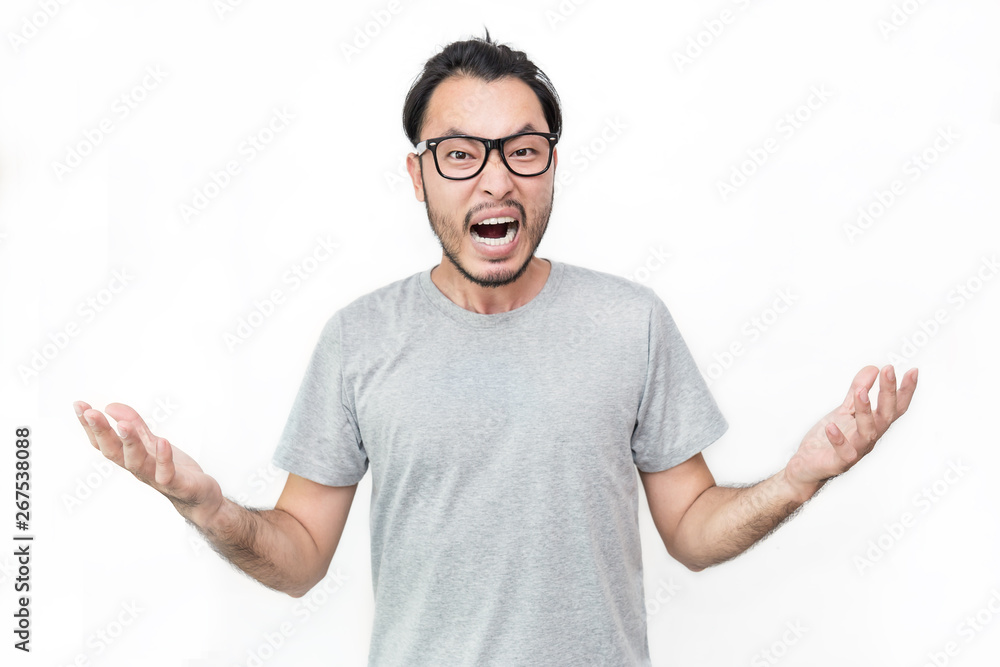 Portrait of angry pensive mad crazy asian nerd man screaming out ...