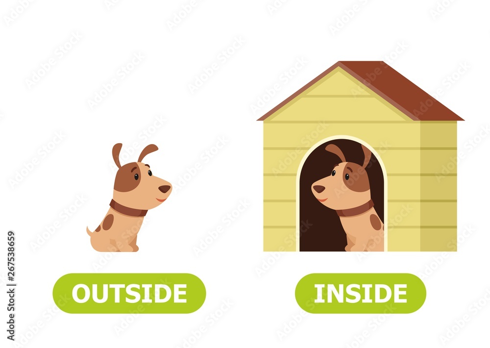 Puppy in doghouse and outside. Illustration of opposites inside and ...