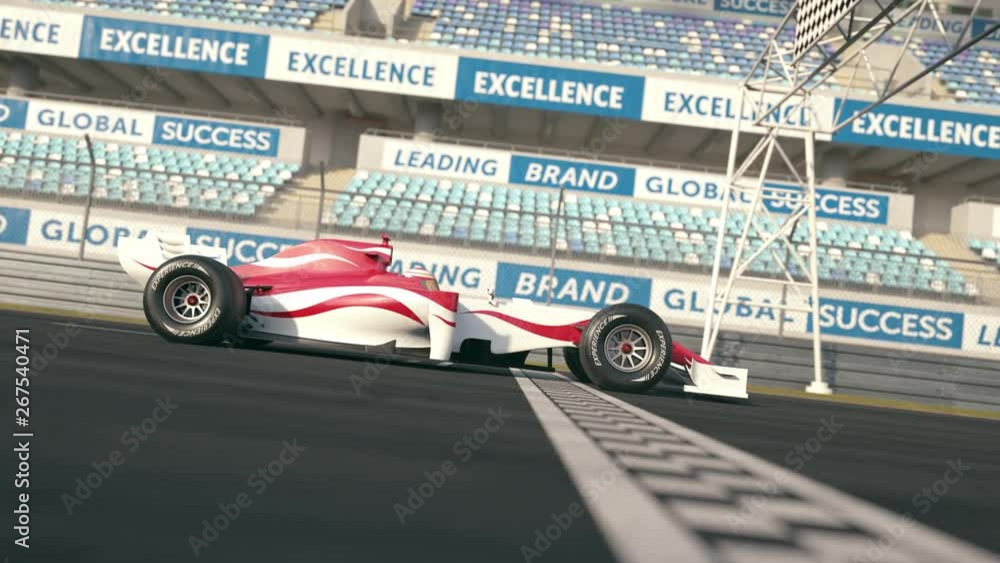 Side view of a generic race car driving across the finish line in slow ...