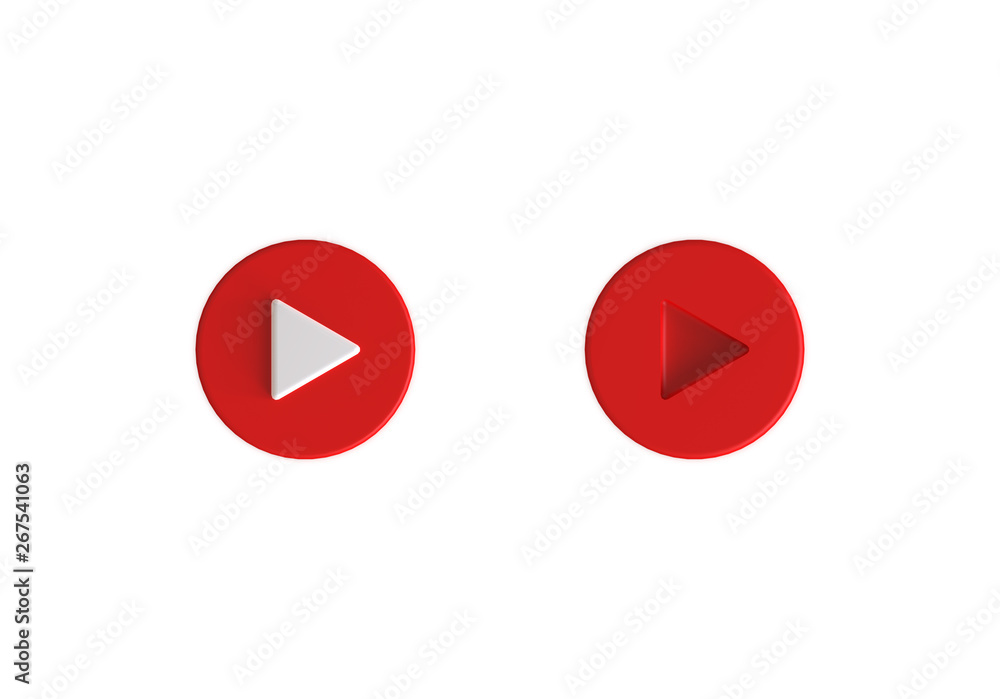 Red and white plastic round play button in two states set. Illustration ...