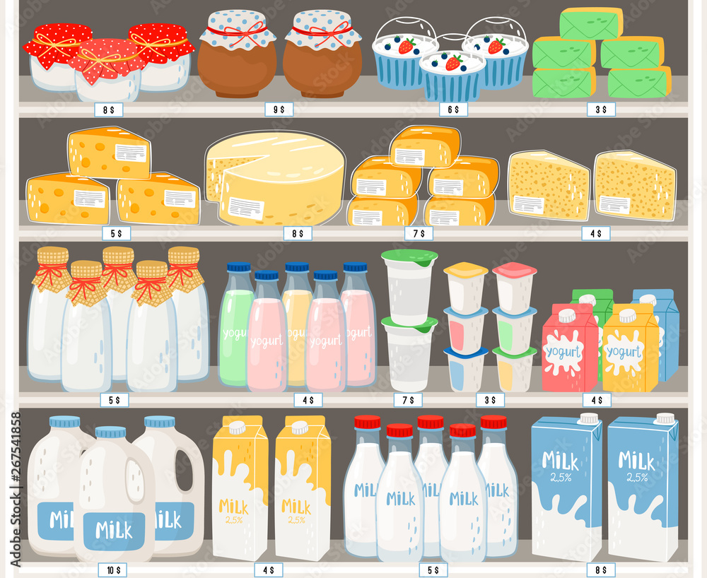 Dairy products in supermarket. Milk farm products on shelves in grocery ...
