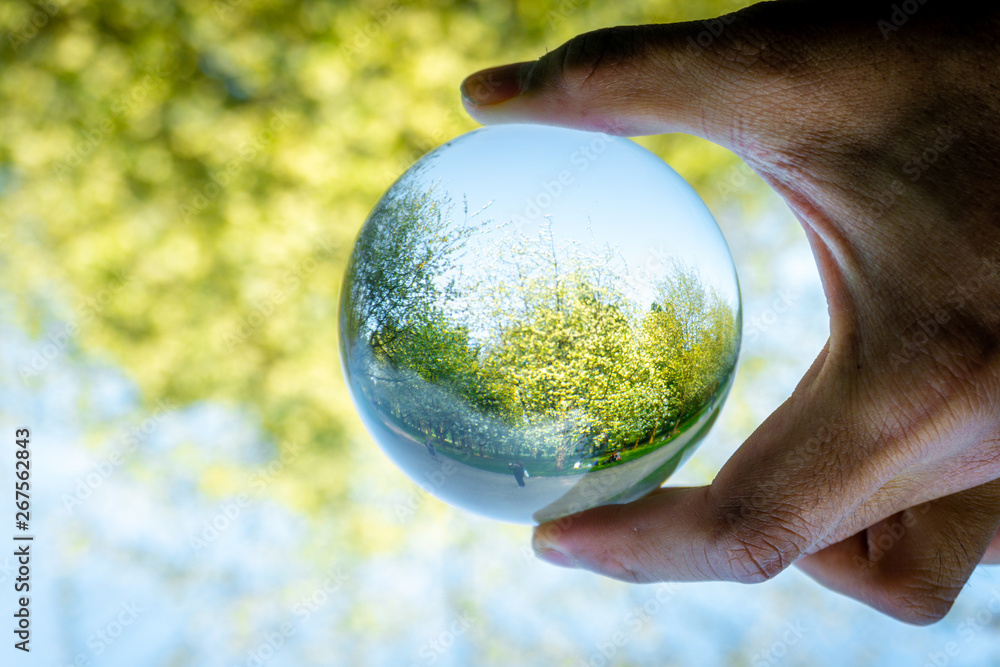 A hand holding a crystal ball for optical illusion. Known as an ...