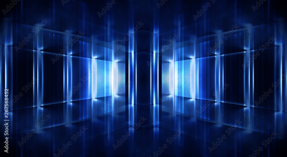 Concept of dark night tunnel, room and blue neon light. Abstract tunnel ...