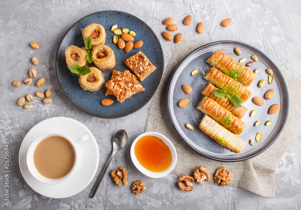 Set of various traditional arabic sweets: baklava, kunafa, basbus in ...