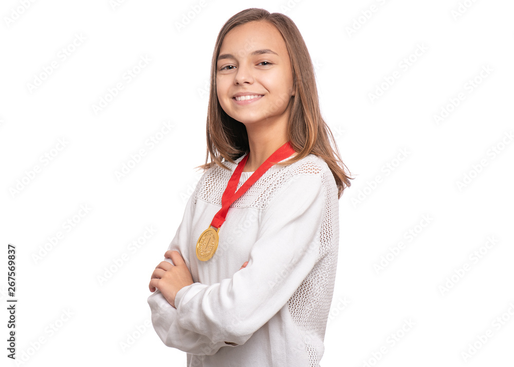 Happy winner. Portrait of beautiful Teen Girl Student with gold Medal ...