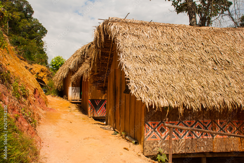 Large house covered with sape grass, Indigenous tribe village near ...