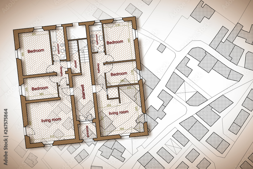 Residential building plan over an imaginary cadastral map of territory ...