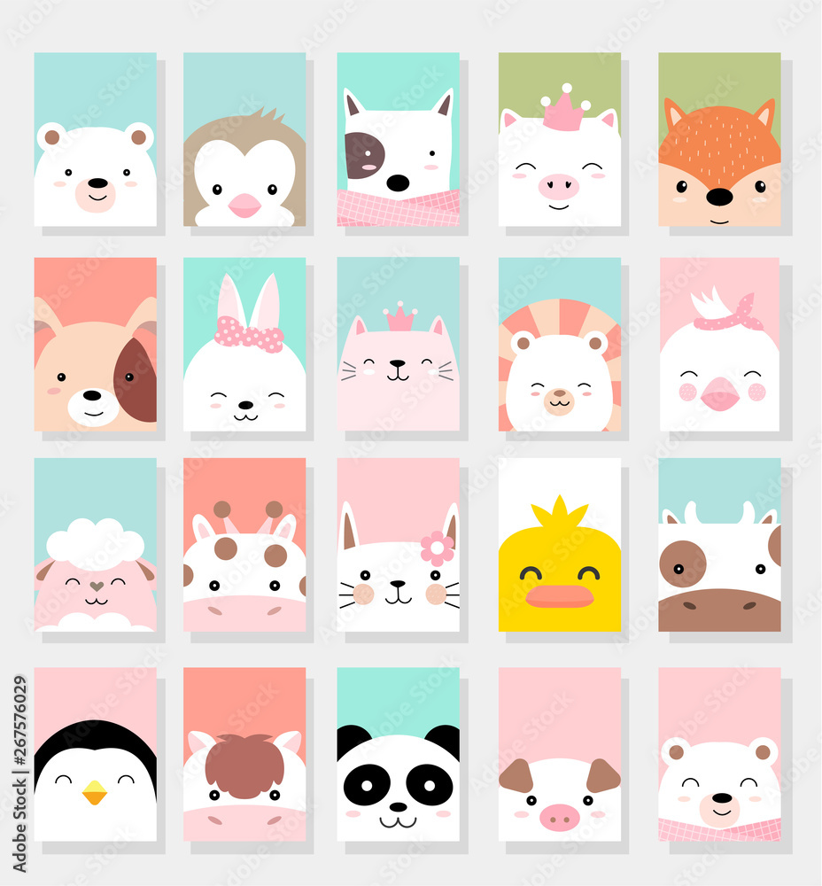 set cute baby animals with card for printing,greeting card,badge,happy ...