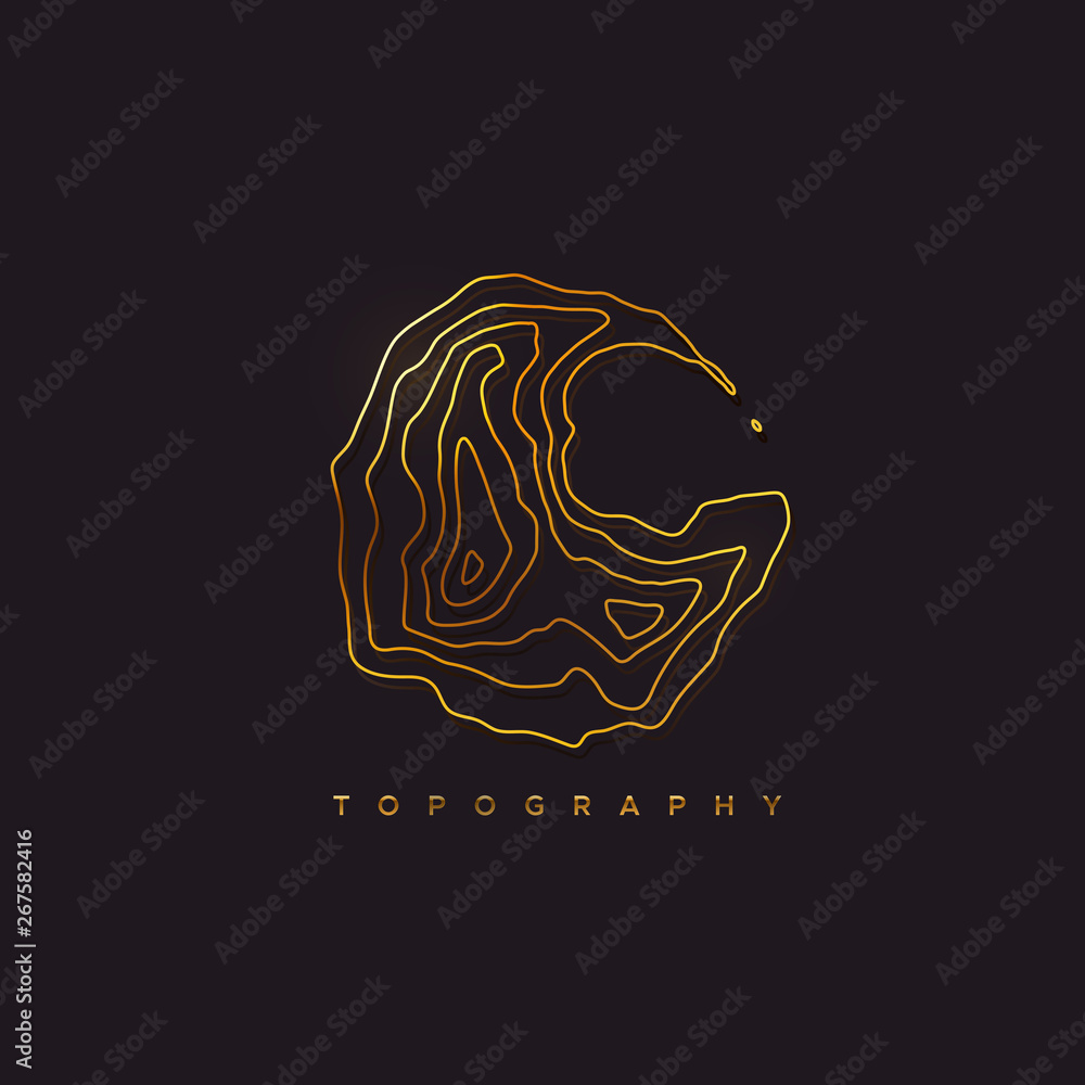 Abstract golden island sign. Outline relief. Contour map. Vector ...