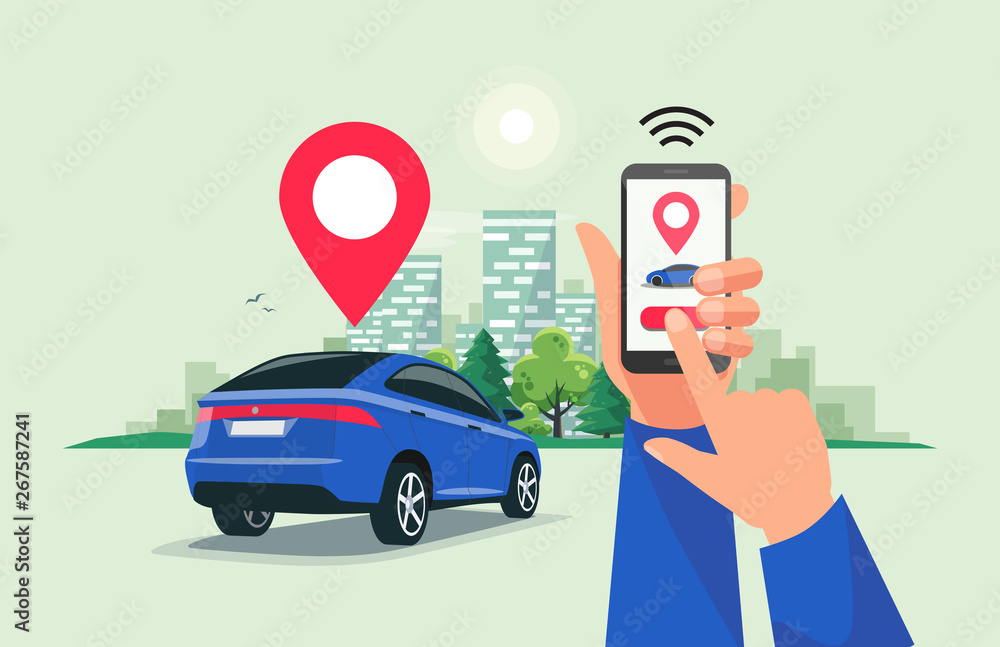 Vector illustration of autonomous wireless remote connected car sharing ...