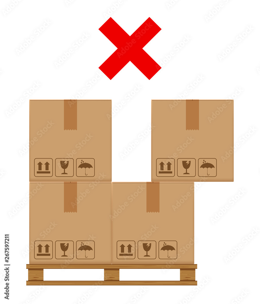crate boxes on wooded pallet and cross mask red for product arrangement ...