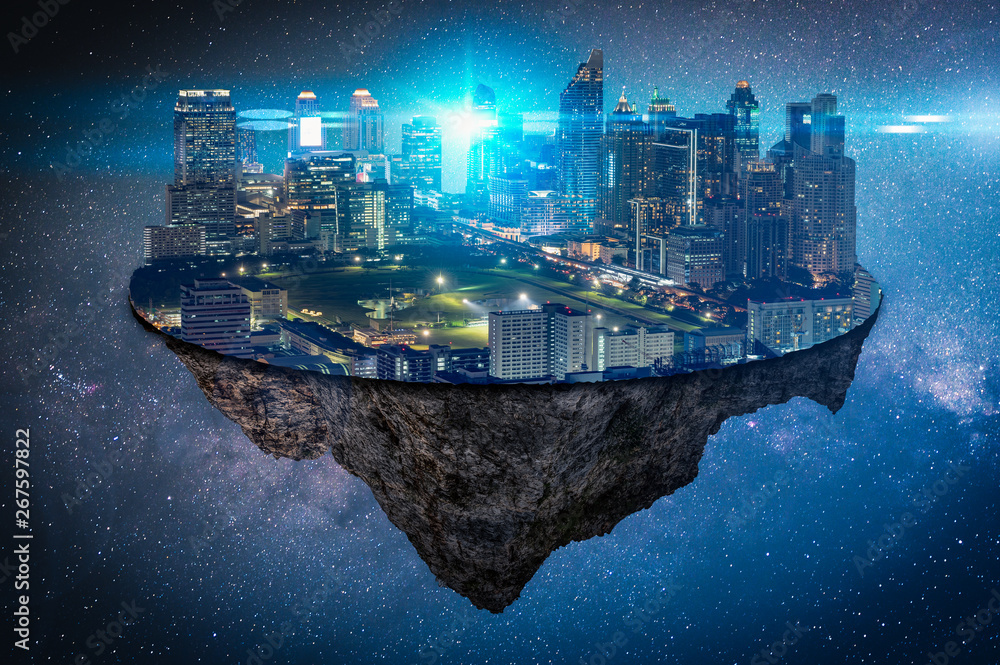 the abstract image of the futuristic cityscape island or the space ...