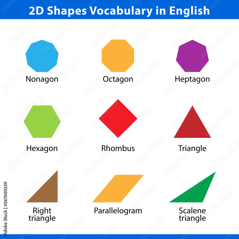 set of 2D shapes vocabulary in english with their name clip art ...