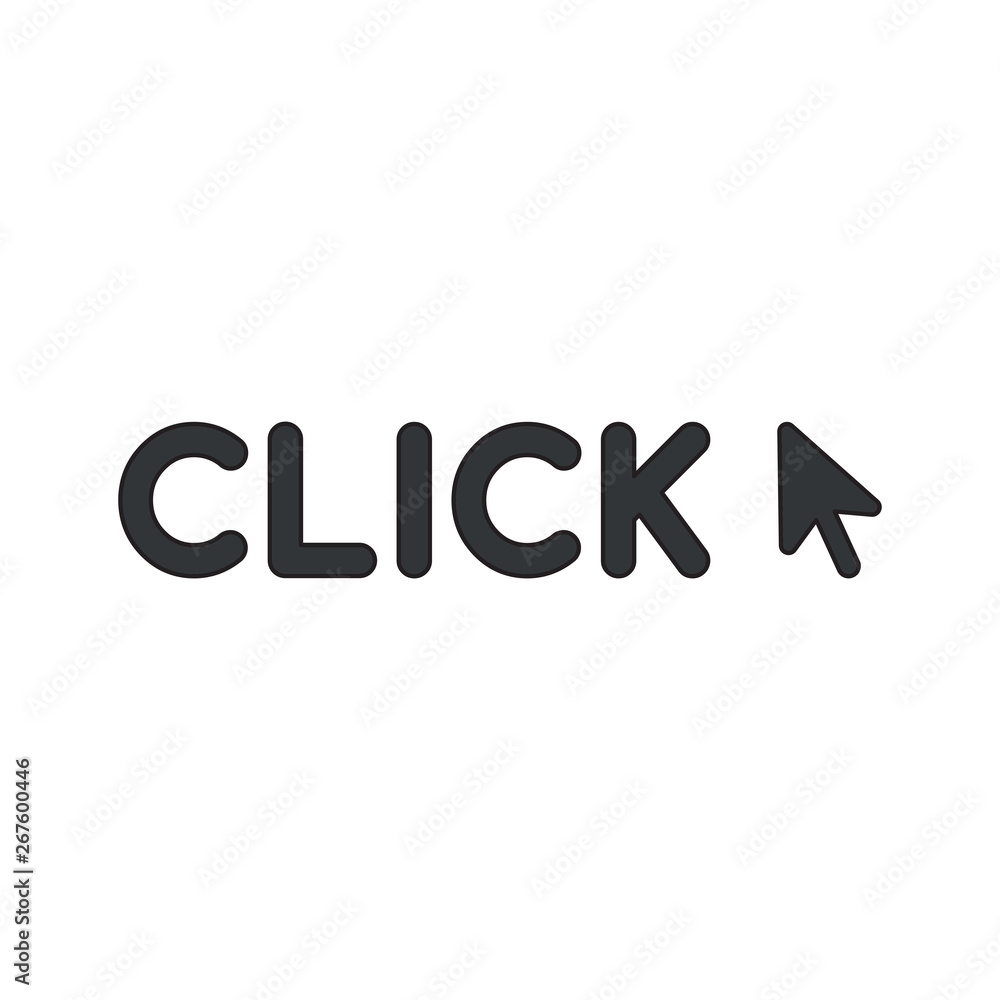 Vector icon concept of click word with mouse cursor. Black outlines and ...