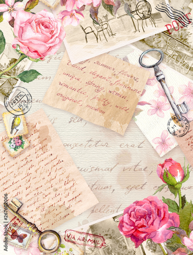 Vintage old paper with hand written letters, photos, stamps, keys ...