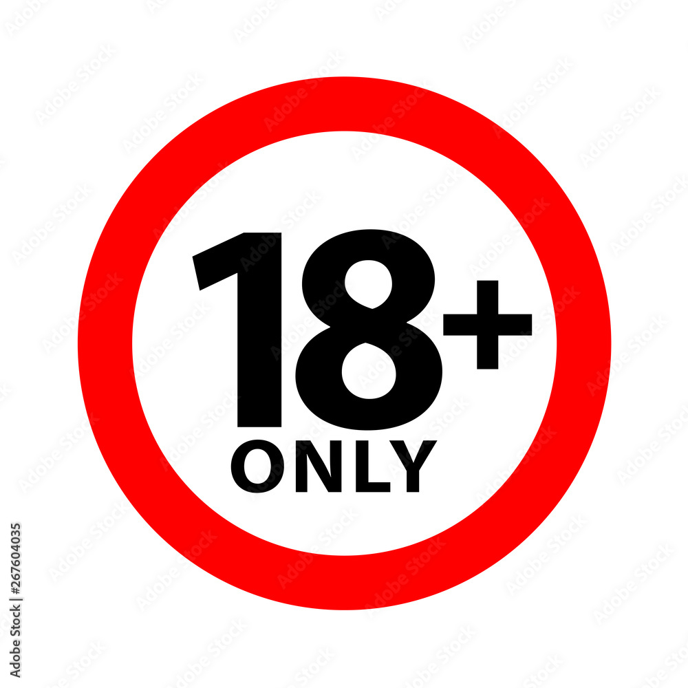 18 sign warning symbol isolated on white background, over 18 plus only censored, eighteen age ...
