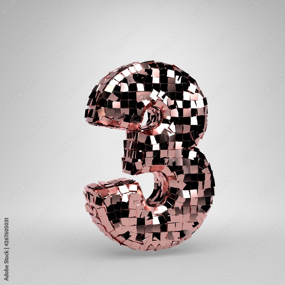 Rose Gold Disco ball number 3 on white background. 3D rendered alphabet ...