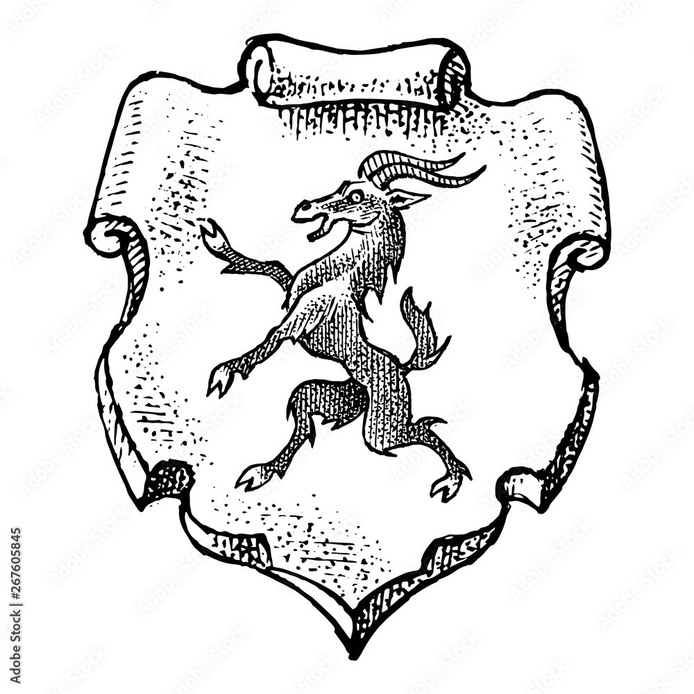 Animal for Heraldry in vintage style. Engraved coat of arms with goat ...