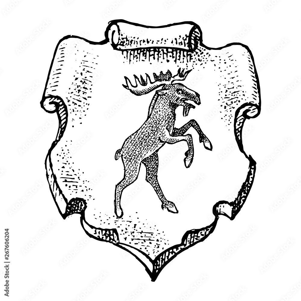 Animal for Heraldry in vintage style. Engraved coat of arms with Moose ...
